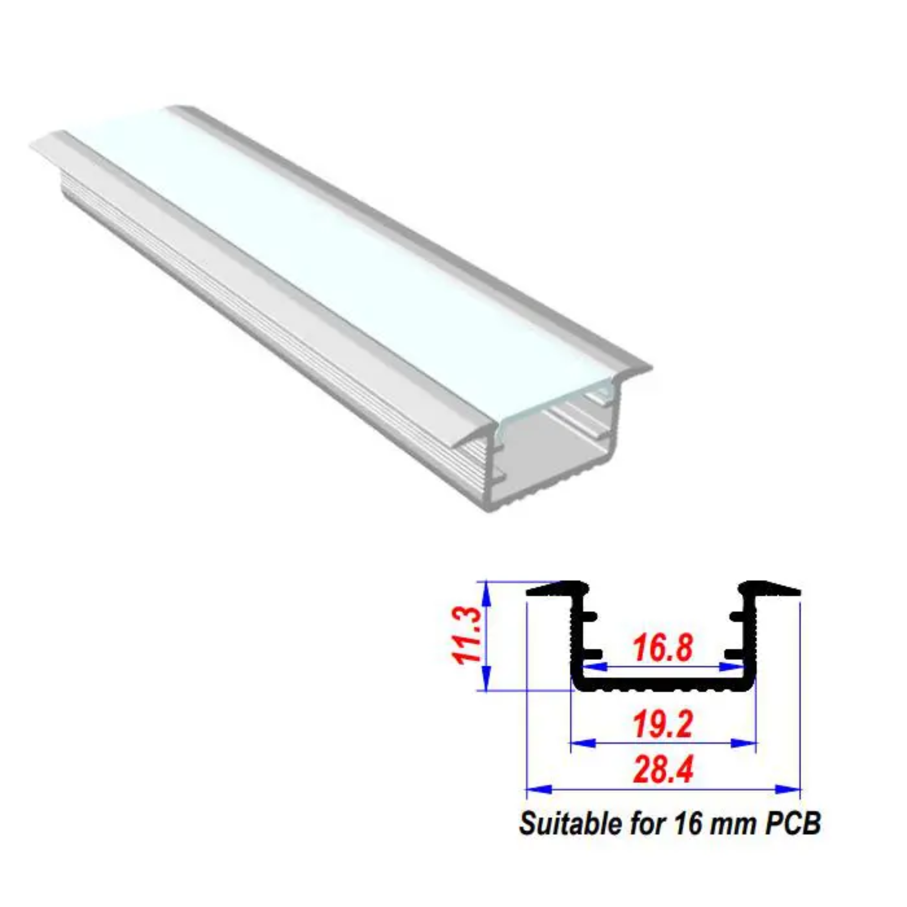 28.4x11.3mm Recessed Aluminium LED Profile Set With Diffuser, 2m ...